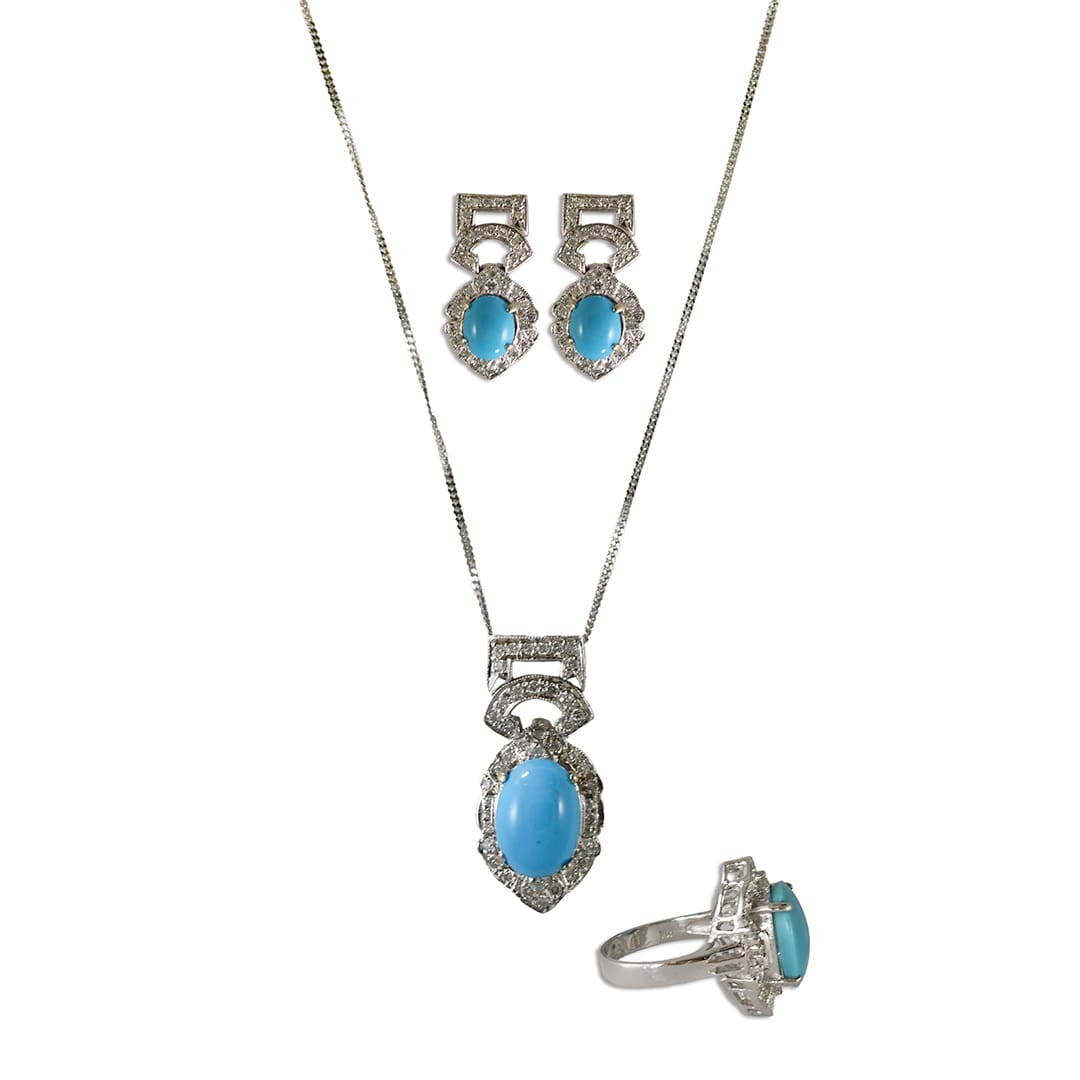 Persian Turquoise and Diamond Jewelry Set in 18K White Gold