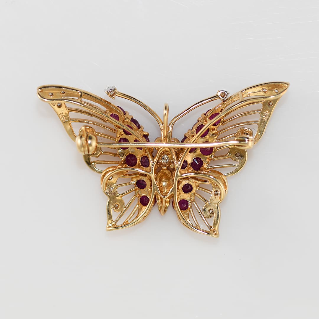 14K Yellow Gold Ruby & Diamond Butterfly Brooch, 5g - Tangible Investments