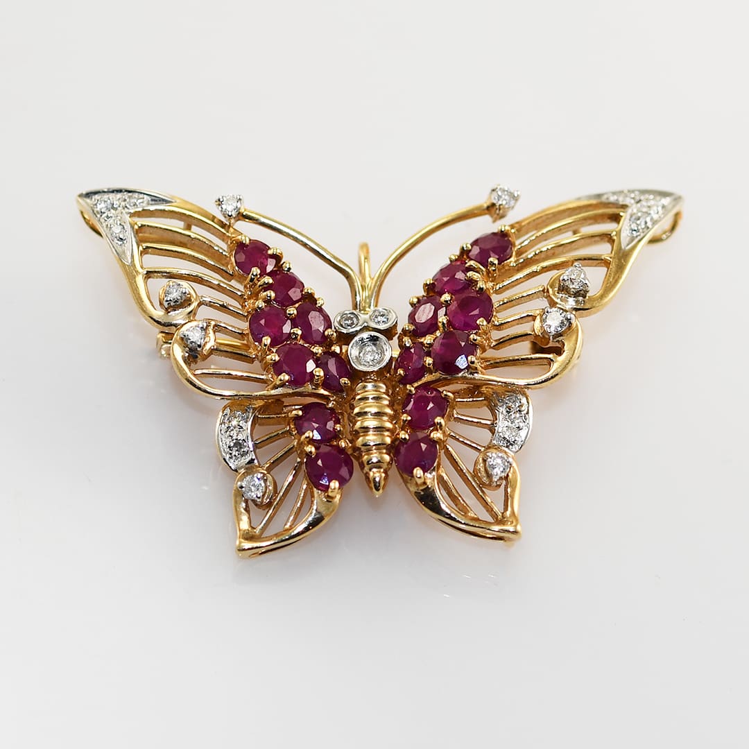 14K Yellow Gold Ruby & Diamond Butterfly Brooch, 5g - Tangible Investments