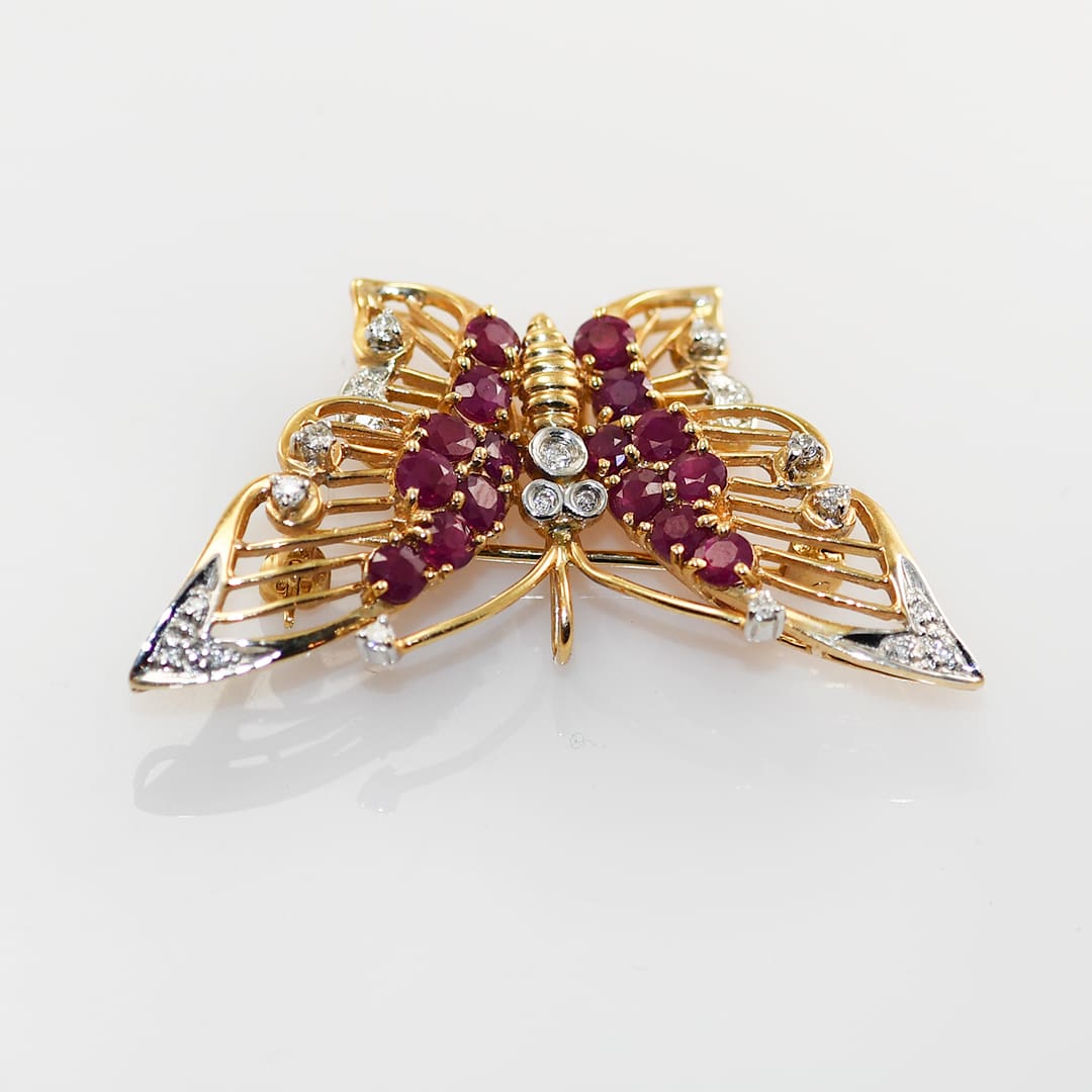 14K Yellow Gold Ruby & Diamond Butterfly Brooch, 5g - Tangible Investments