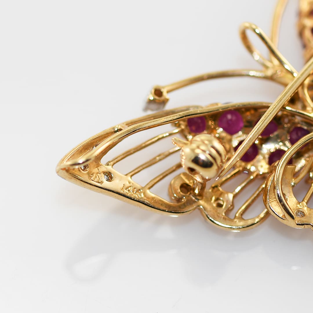14K Yellow Gold Ruby & Diamond Butterfly Brooch, 5g - Tangible Investments
