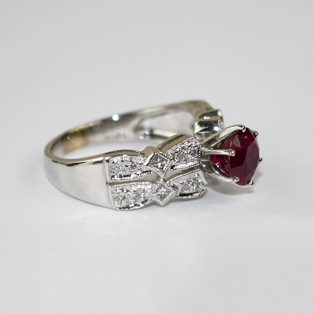 Synthetic Ruby and Diamond Ring in 18K White Gold