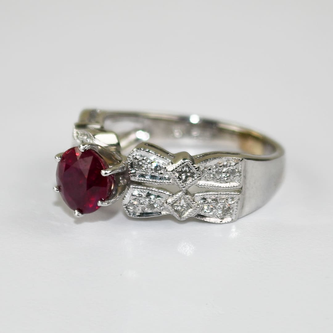 Synthetic Ruby and Diamond Ring in 18K White Gold