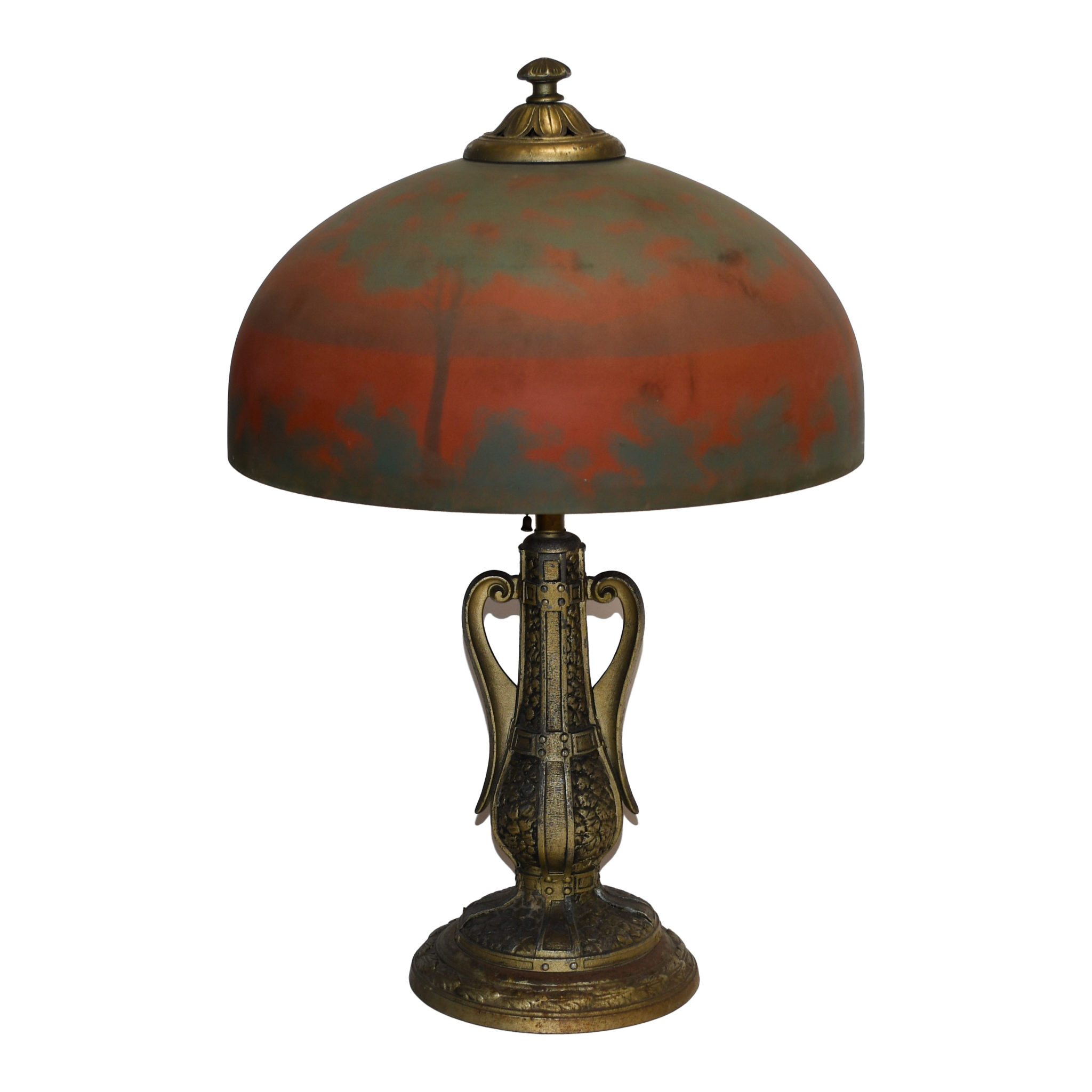 Original Handel Style Reverse Painted Lamp on White Metal Patinated ...