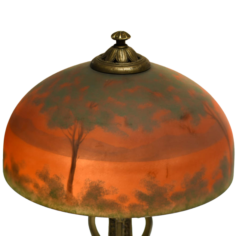 Original Handel Style Reverse Painted Lamp on White Metal Patinated ...