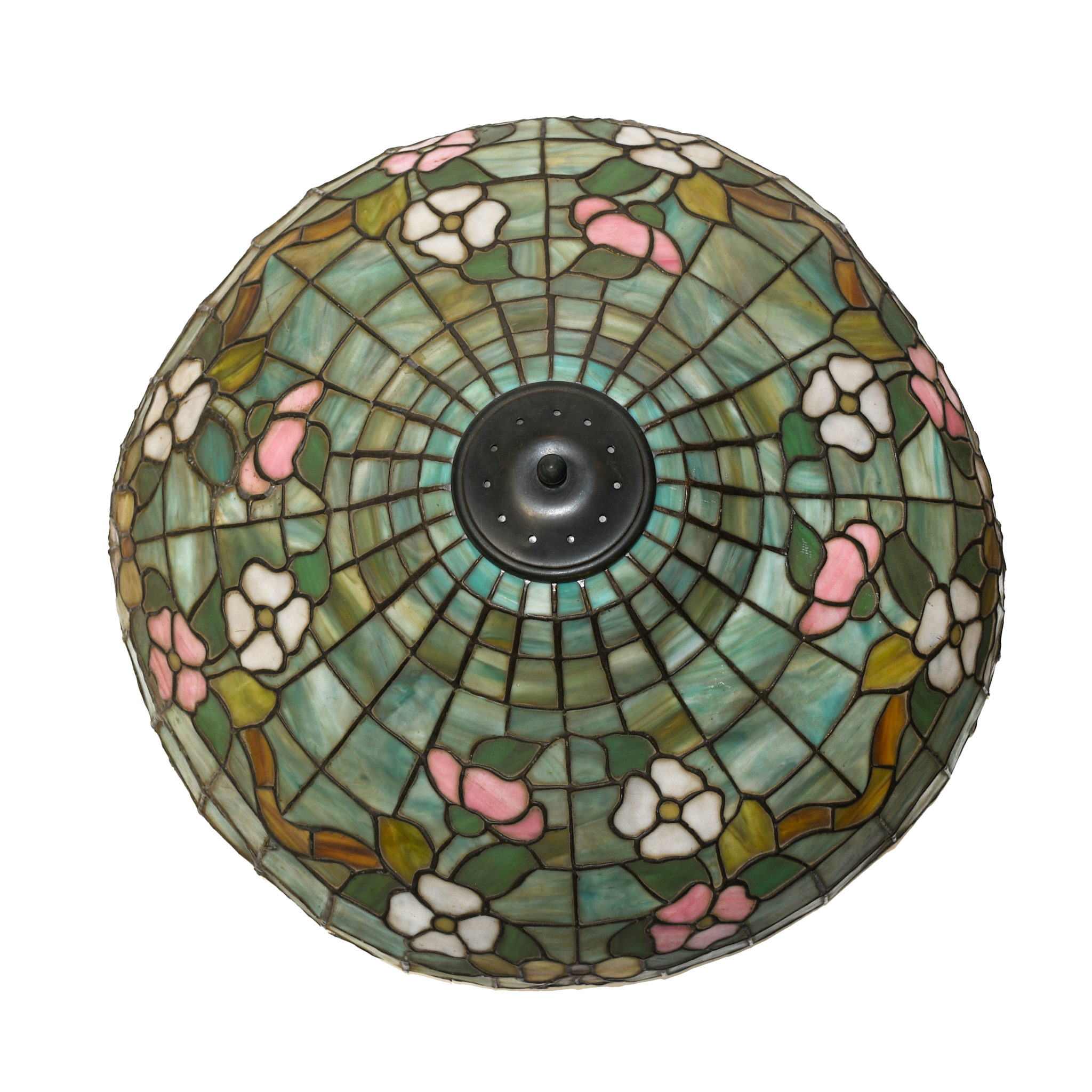 Antique Chicago Style Leaded Lamp with Geometric & Dogwood Flower Pattern