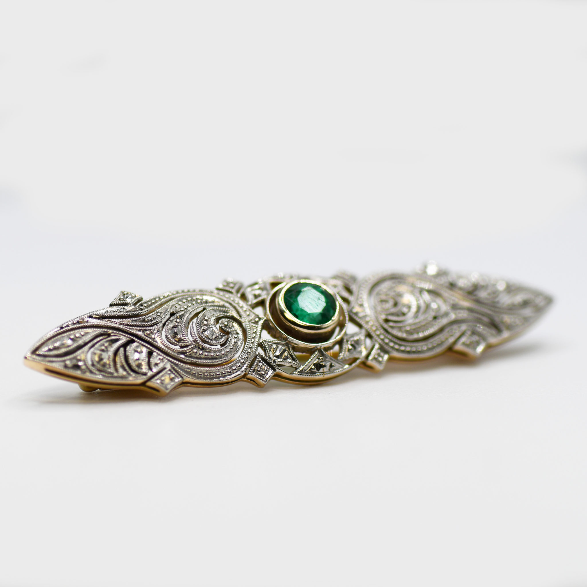 14K White Gold & Platinum Emerald Art Deco Pin, .60ct, 6.2gr, with ...
