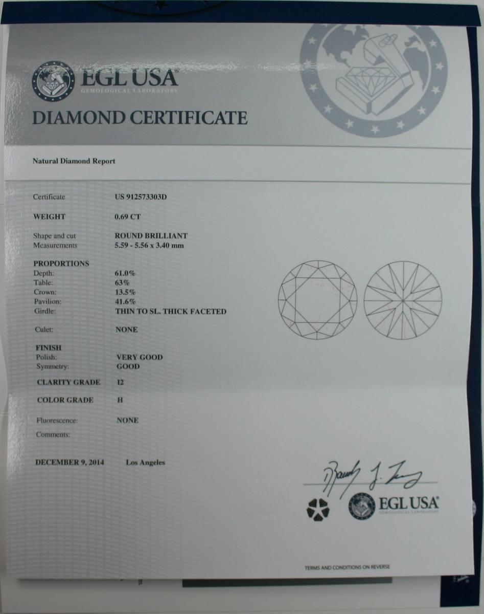 EGL Certified Round Brilliant Diamond 0.69ct