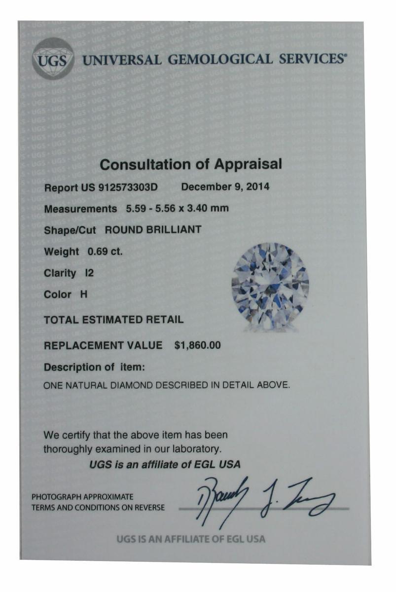EGL Certified Round Brilliant Diamond 0.69ct