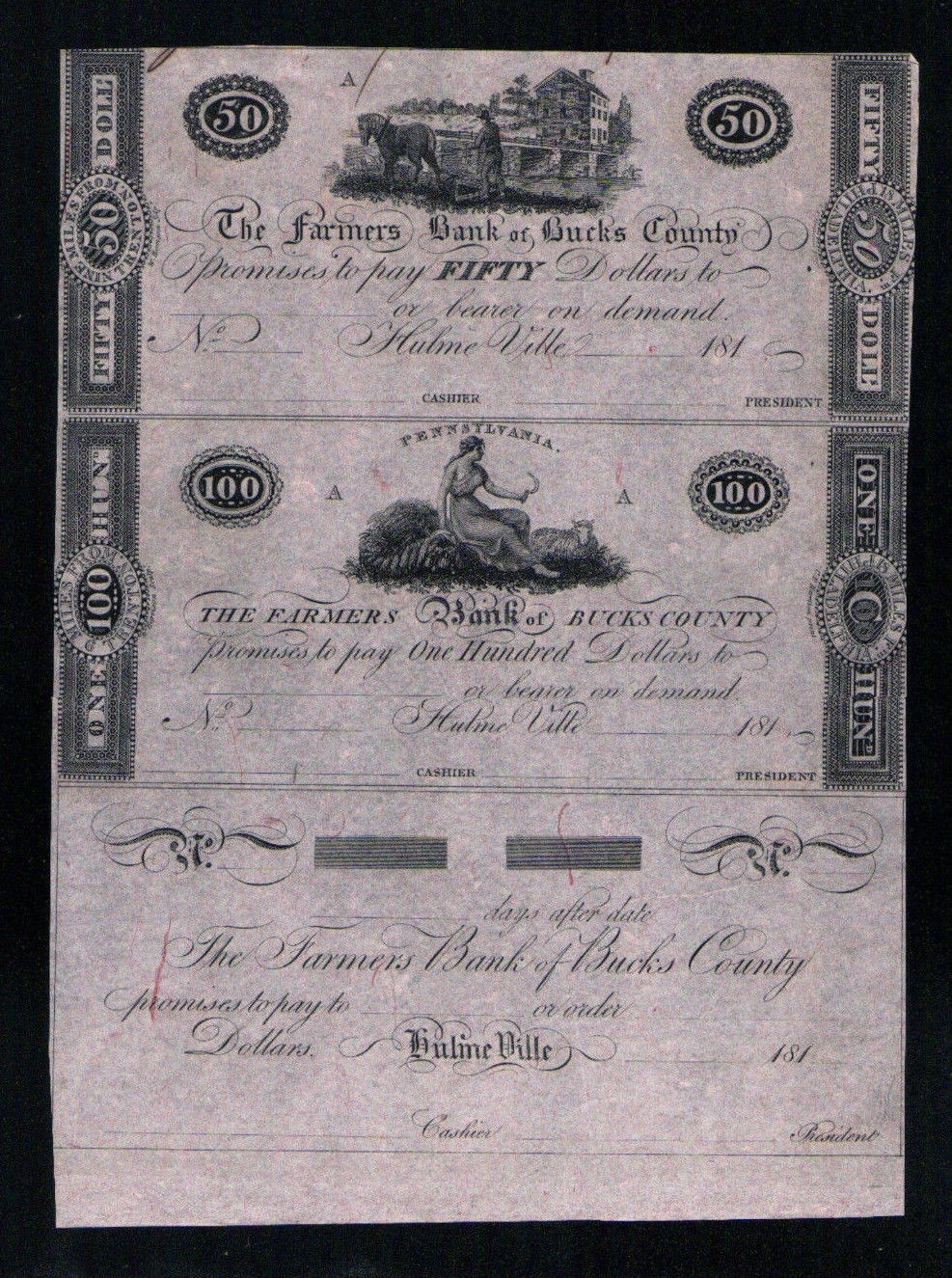 Uncut Sheet of 1814 Farmers Bank of Buck's County Dollars & Check ...