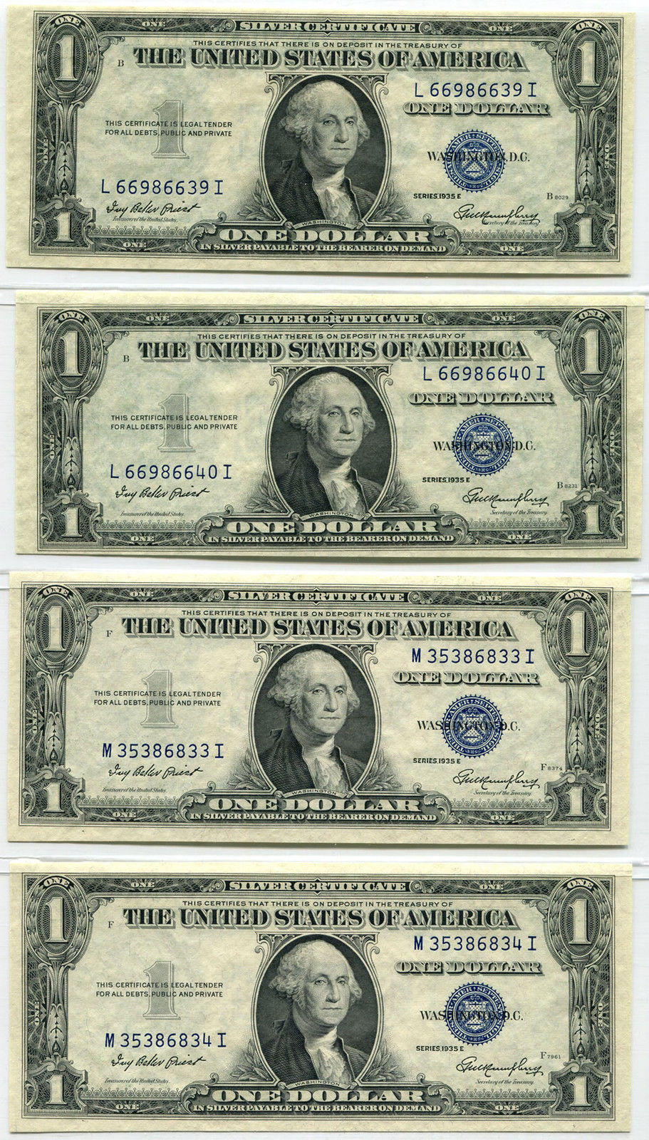 (10) 1935E $1 Silver Certificate Notes - 5 matched pairs of Sequential ...