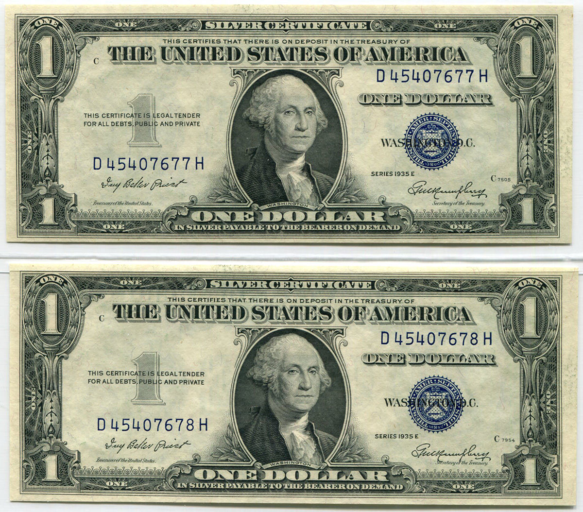 (10) 1935E $1 Silver Certificate Notes - 5 matched pairs of Sequential ...