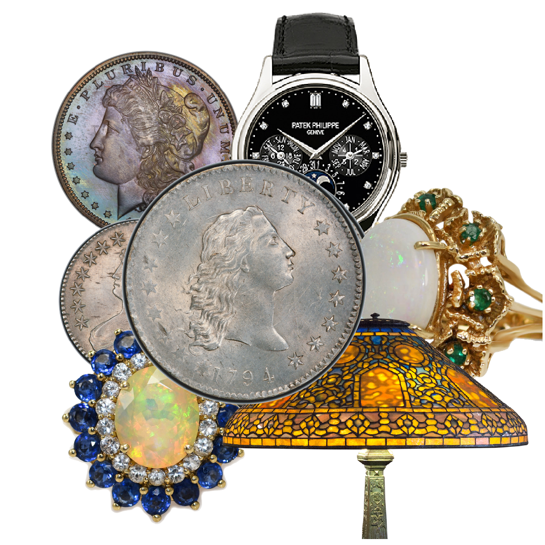 Rare Coins & Precious Metals, Jewelry, Art & Antiques.