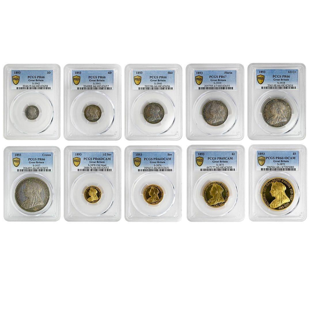 1893 10 Piece Great Britain Set 1/2 Cr, 1/2 Sov, 2 Sov 3 Pence, 6Pence ...