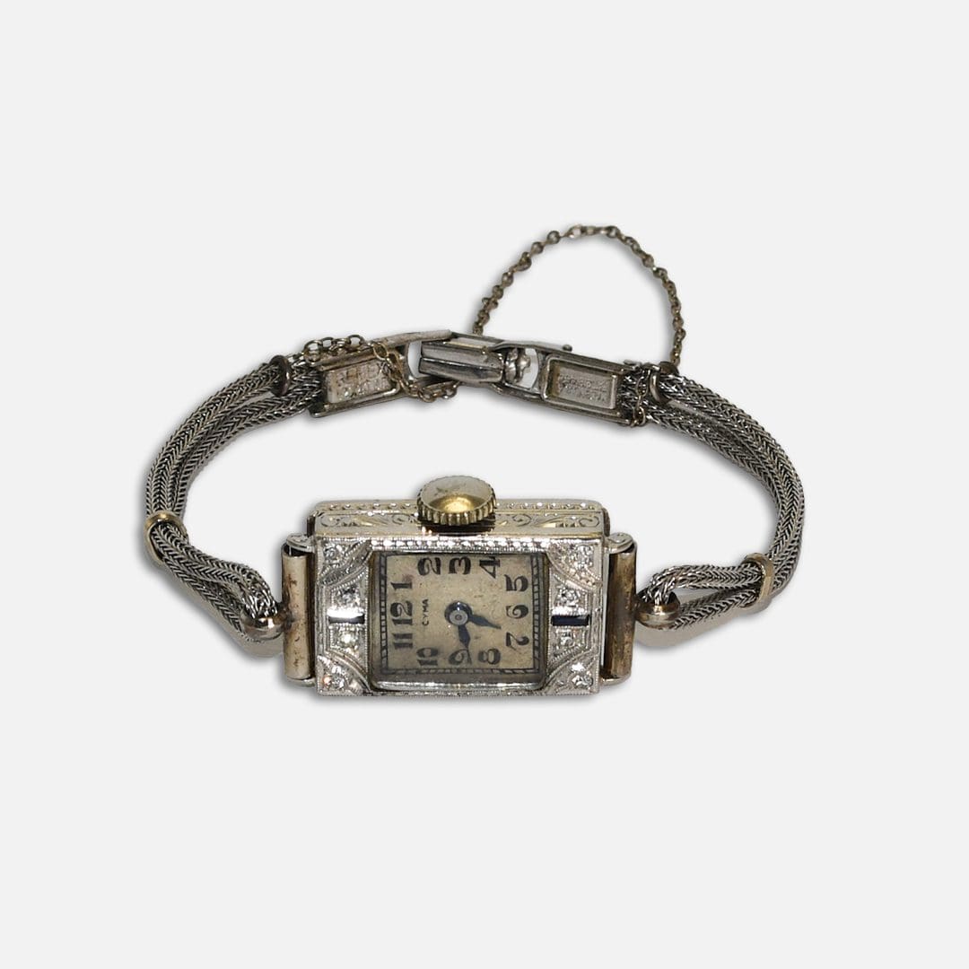 Vintage Cyma Watch in 18K White Gold w/ Diamonds and Sapphires